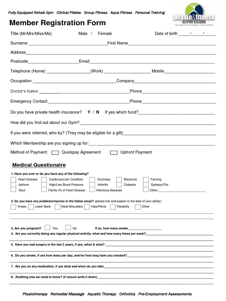 Gym Member Registration Form | PDF | Indemnity | Health Sciences