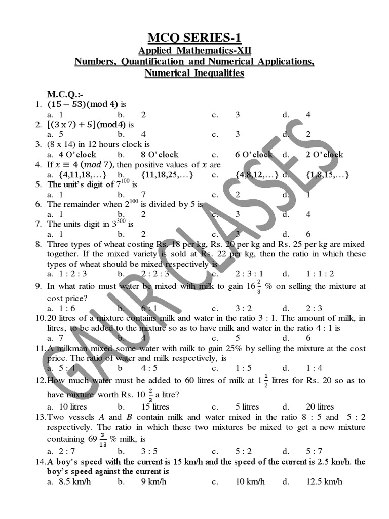 Applied Mathematics Class 12 (MCQ SERIES-1) | PDF