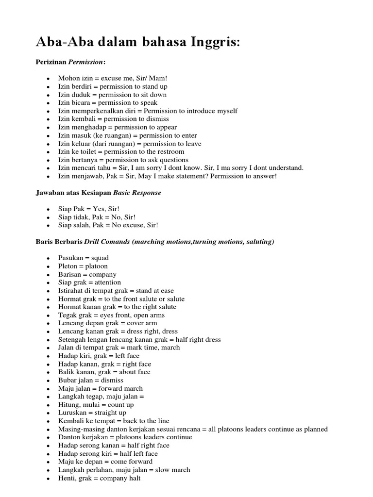 Aba-Aba Dalam Bahasa Inggris:: Perizinan Permission | PDF | Military | Military Science