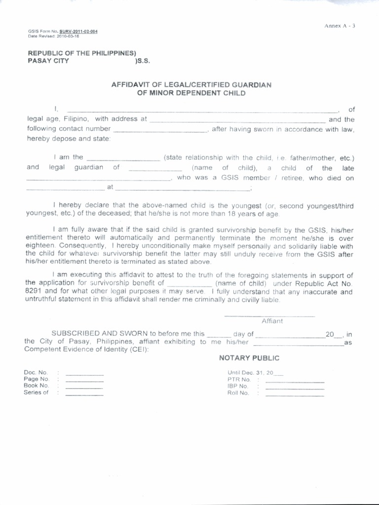 FORMS Survivorship Affidavit of Legal or Certified Guardian of Minor ...