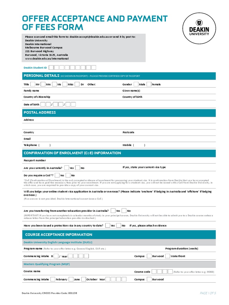 Deakin University Fees Payment Form | PDF | Fee | Travel Visa