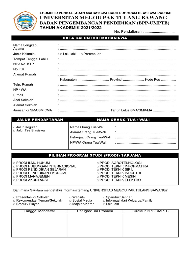 Formulir Pendaftaran Mahasiswa Baru Program Beasiswa Parsial | PDF
