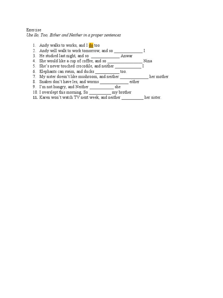 Exercise For So, Too, Either, and Neither | PDF