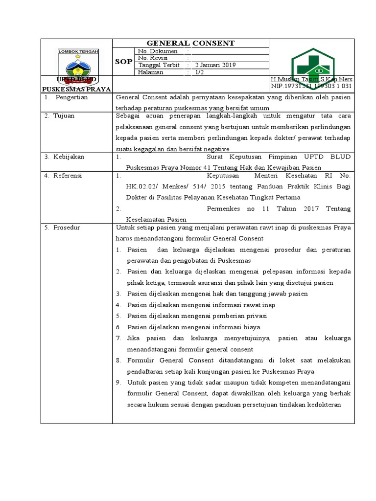 Prosedur General Consent Puskesmas Praya | PDF | Pengembangan Diri
