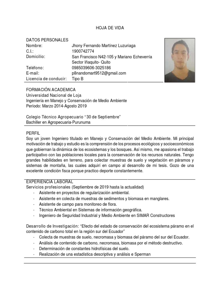 Hoja de Vida - Jhony Fernando Mart - Nez Luzuriaga | PDF | Suelo | Ecuador