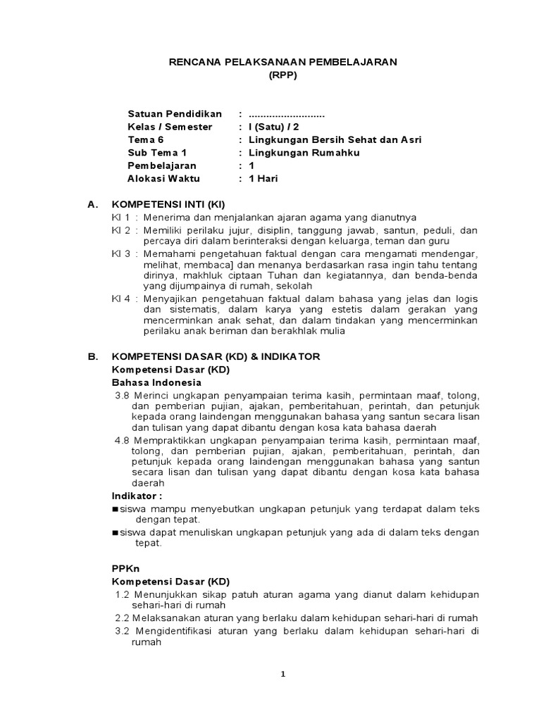 RPP SD Kelas 1 Tema 6 | PDF