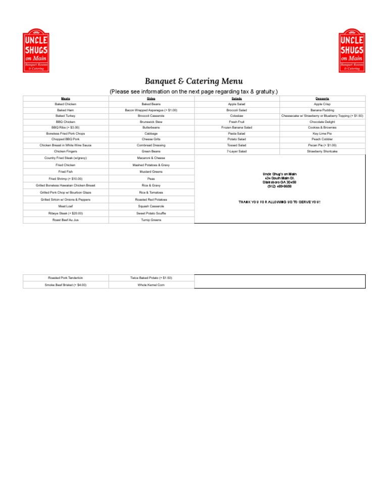 Uncle Shug's Catering Menu Options | PDF | Salad | Roasting