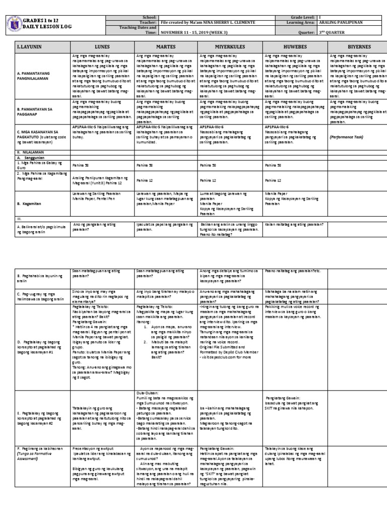 DLL Araling Panlipunan 1 q3 w3 | PDF