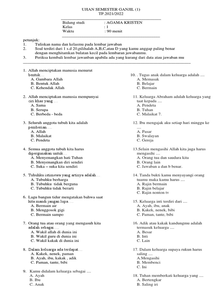 Ujian Agama Kristen Kelas 1-3 TP 2021/2022 | PDF