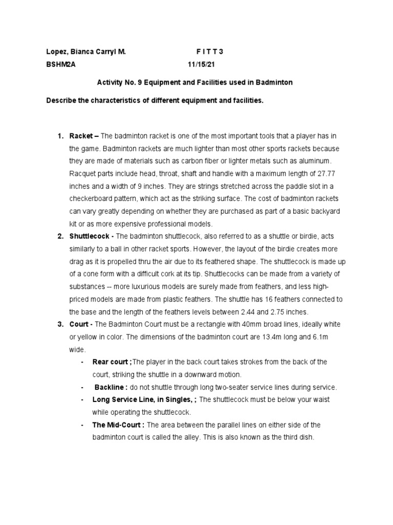 Fitt 3 - Activity No. 9 Equipment and Facilities Used in Badminton ...