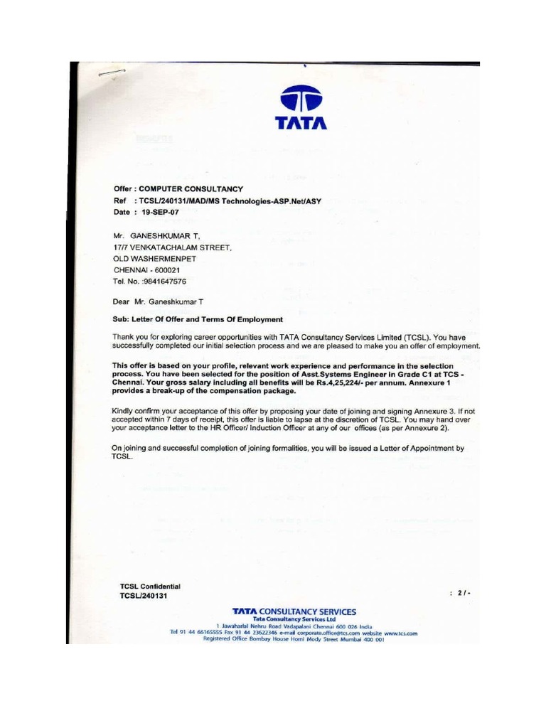 Sample Offer Letter | PDF