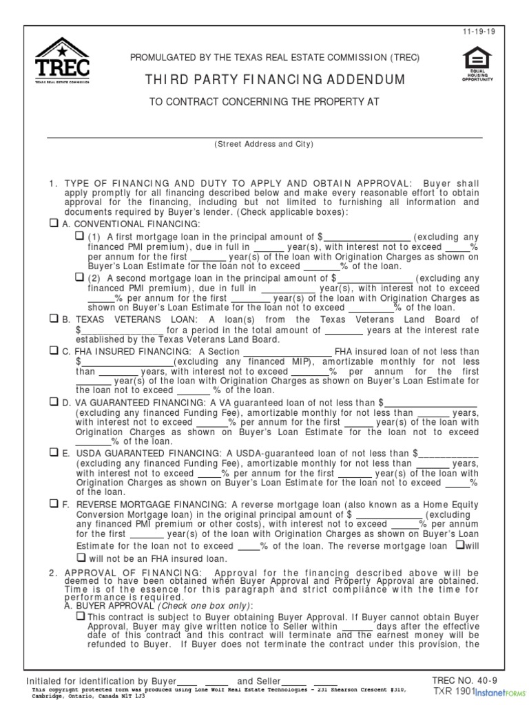 Third Party Financing Addendum (TREC No. 40-8) (Rev. 11 - 2019) | PDF ...