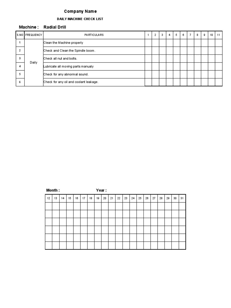 Daily Maintenance Checklist for Drilling Machines | PDF | Drill ...