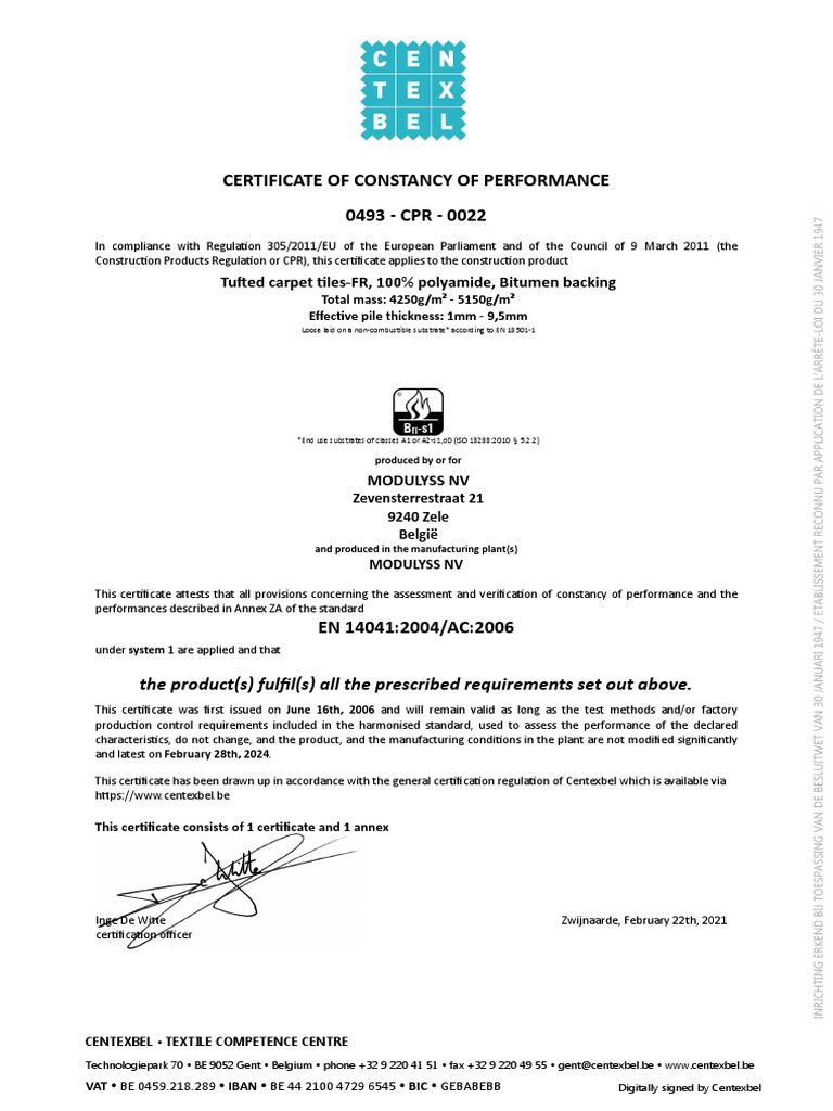 Modulyss Certificate of Constancy of Performance Back2back | PDF
