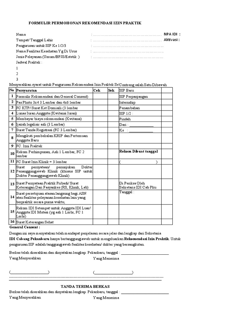 Formulir Rekom SIP IDI Pekanbaru 2021 (1) - 1 | PDF