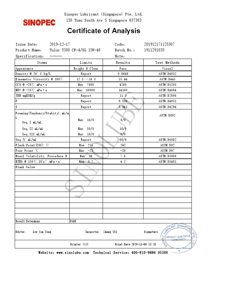 COA of Tulux T300 SAE 15W-40 | PDF | Motor Oil | Hydrocarbons