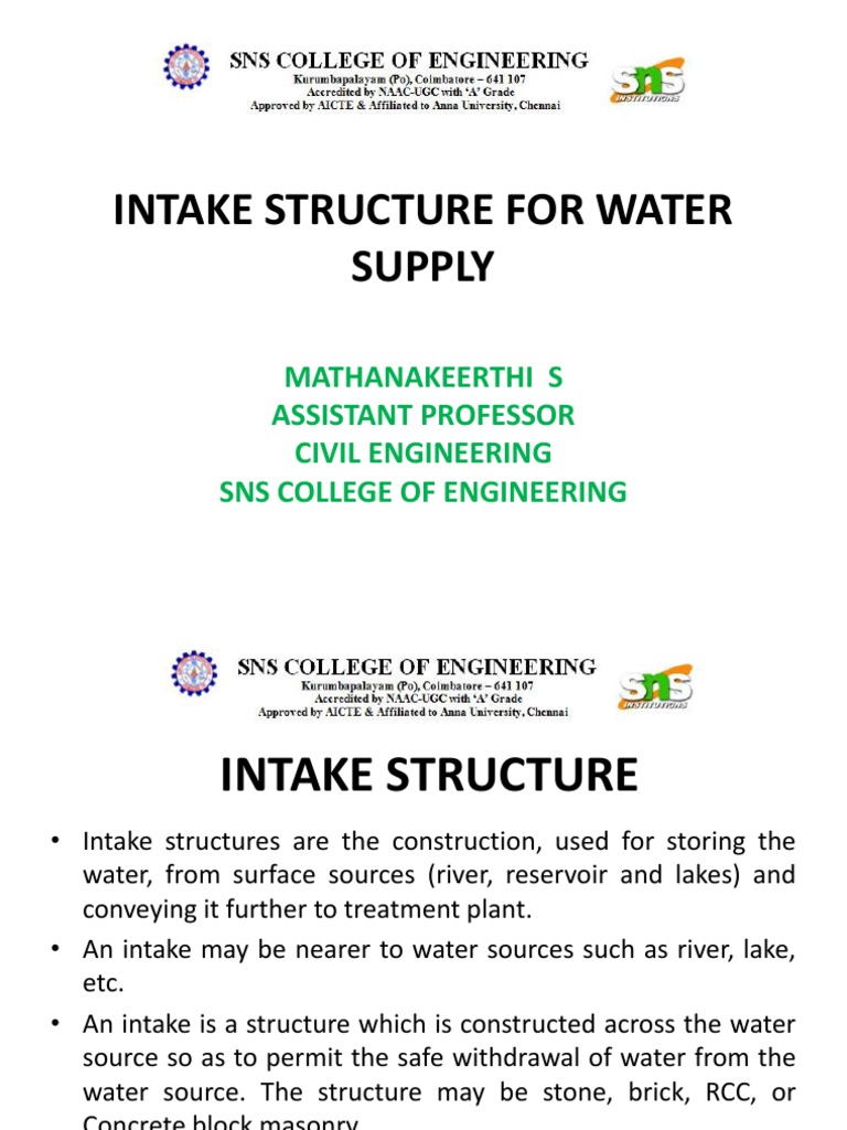 Intake Structure For Water Supply: Mathanakeerthi S Assistant Professor ...