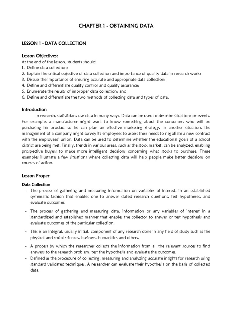 Chapter 1 - Obtaining Data: Lesson 1 - Data Collection Lesson ...