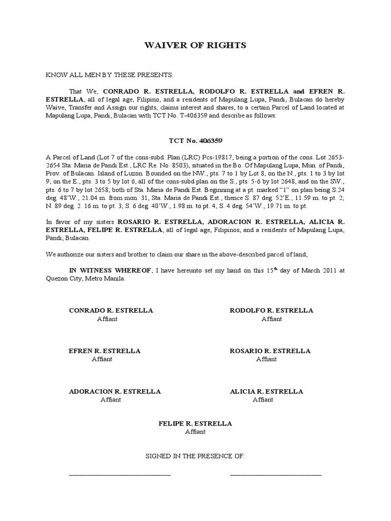 Waiver of Rights: TCT No. 406359 | PDF | Civil Law (Common Law ...
