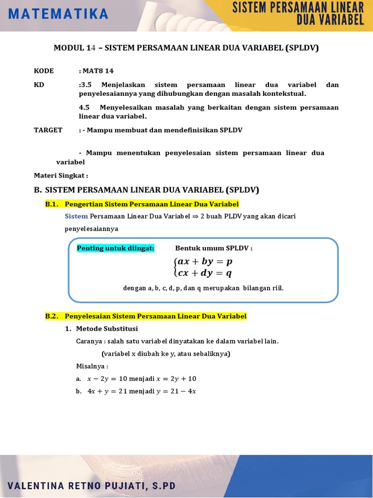 Emodul MAT 8 14 - Sistem Persamaan Linear Dua Variabel (SPLDV) (+PEMBAHASAN LATIHAN) | PDF