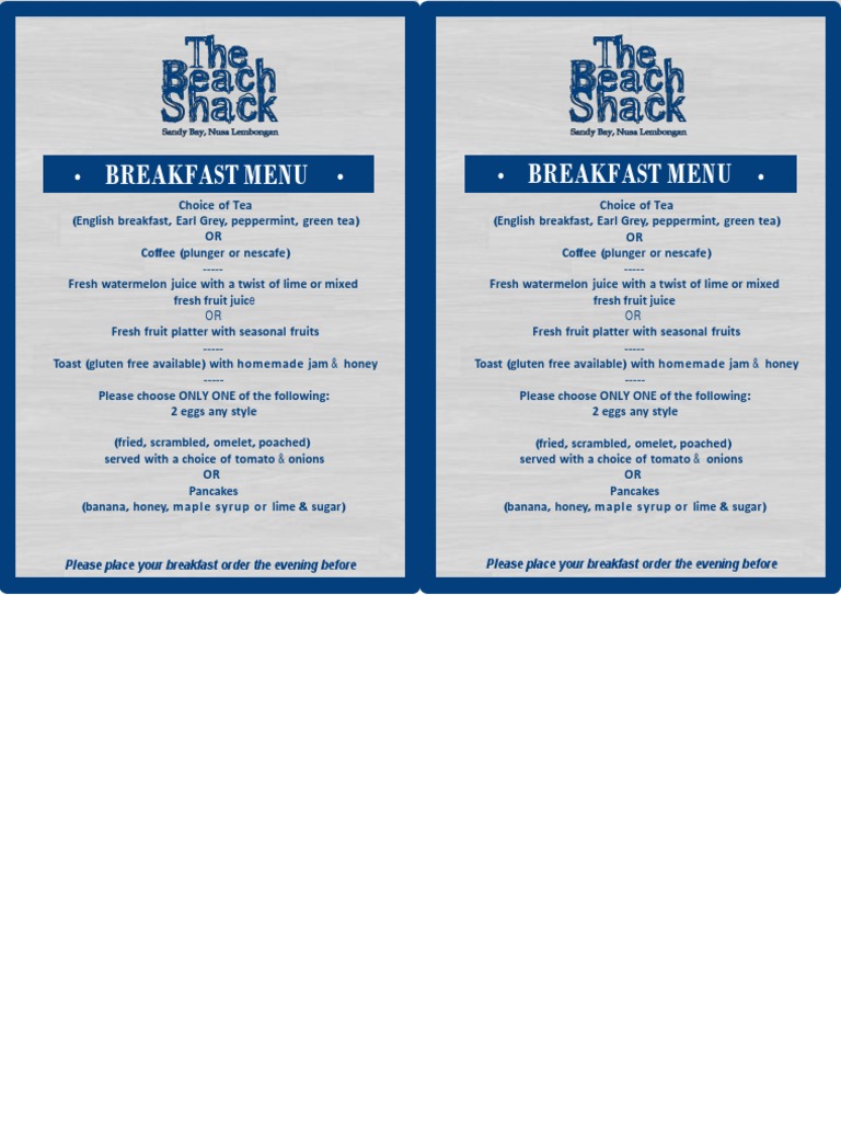 The Beach Shack - Breakfast Menu March 2021 | PDF