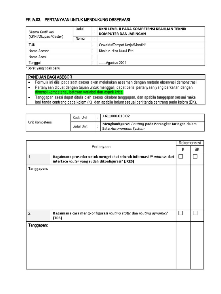 10 FR - IA.03. PERTANYAAN MENDUKUNG OBSERVASI Claster 3 Unit 1 | PDF