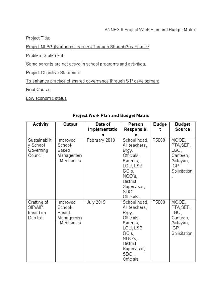ANNEX 9 Project Work Plan and Budget Matrix Edited | PDF | Curriculum ...