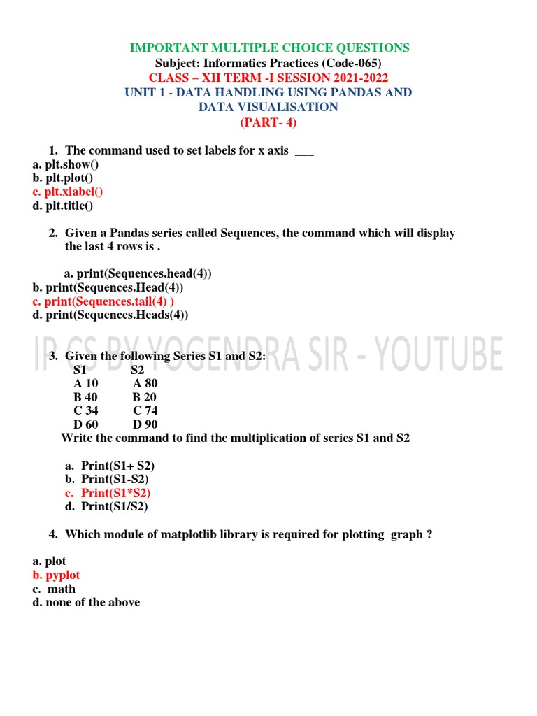 Unit 1 Data Handling Using Pandas And Data Visualisation Important Multiple Choice Questions