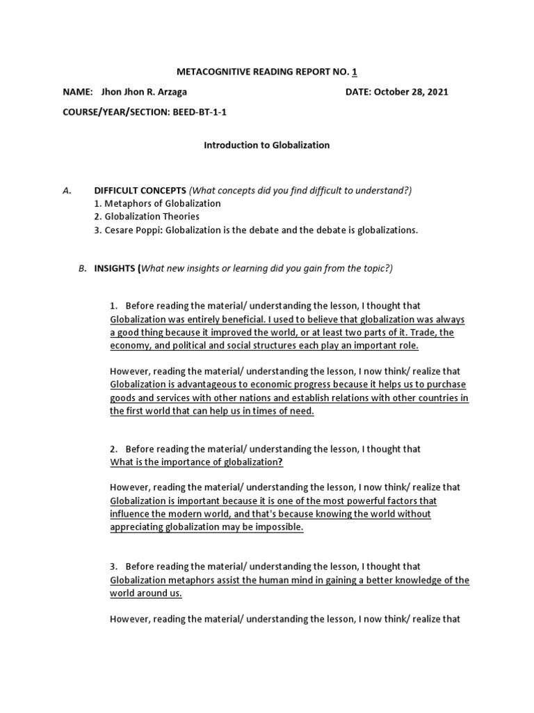 Metacognitive Reading Report No. 1 NAME: Jhon Jhon R. Arzaga DATE ...