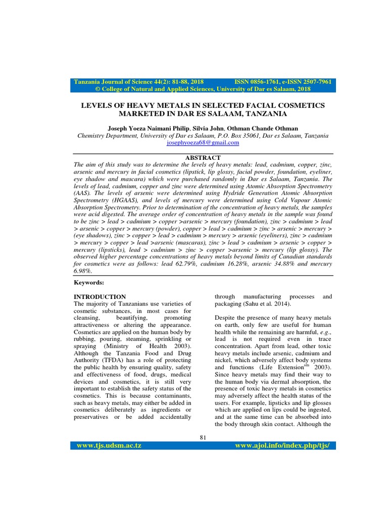 Levels of Heavy Metals in Selected Facial Cosmetics | PDF | Atomic ...