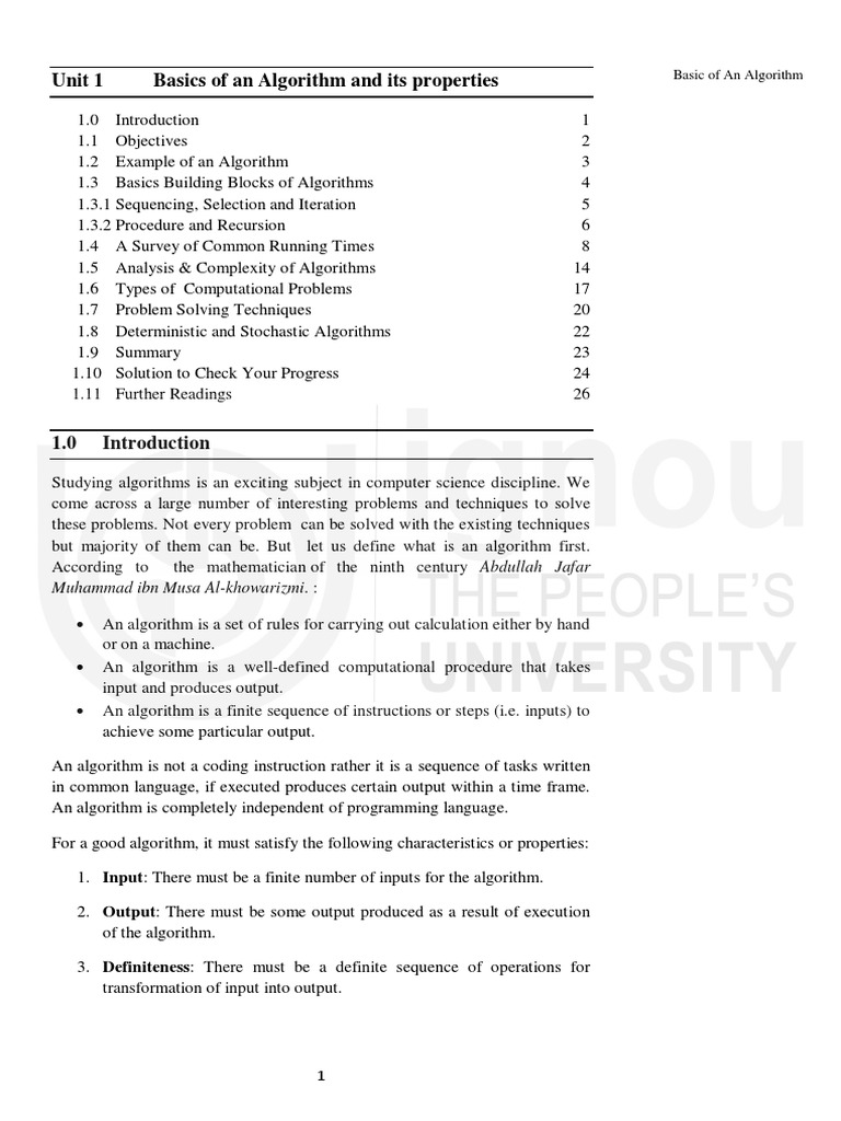 Unit 1 Basics of An Algorithm and Its Properties: Muhammad Ibn Musa Al-Khowarizmi. | PDF | Time ...