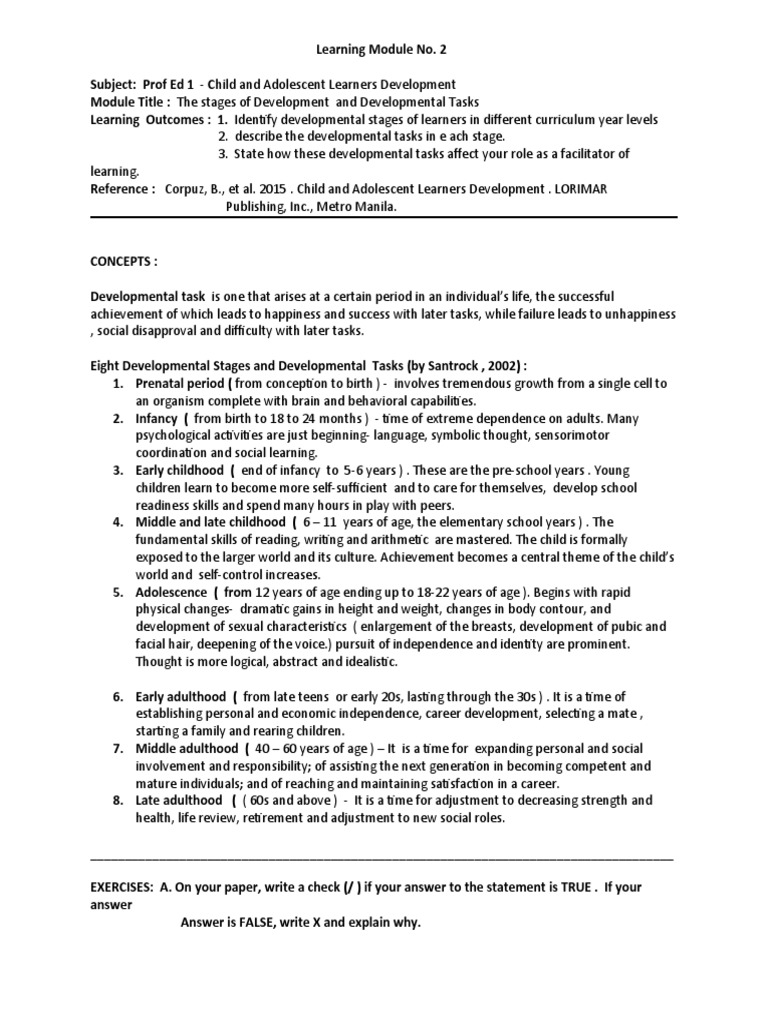 Module 2-The Stages of Development and Developmental Tasks | PDF ...