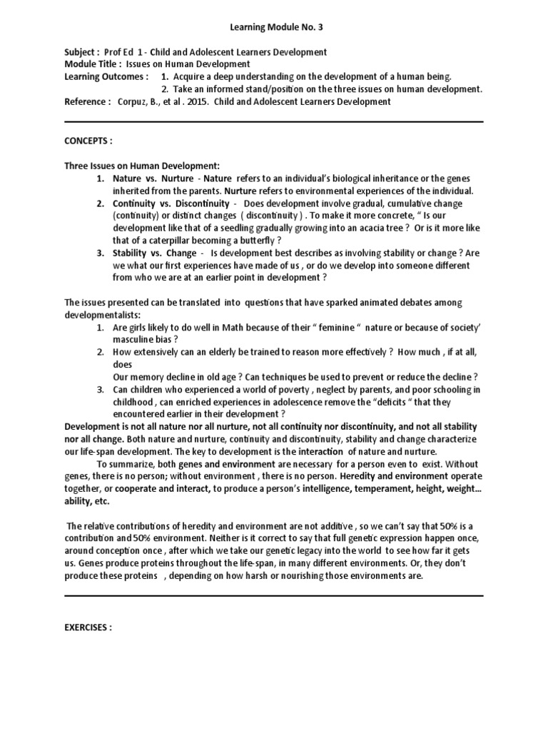 Module 3-Issues On Human Development | PDF | Nature Versus Nurture ...