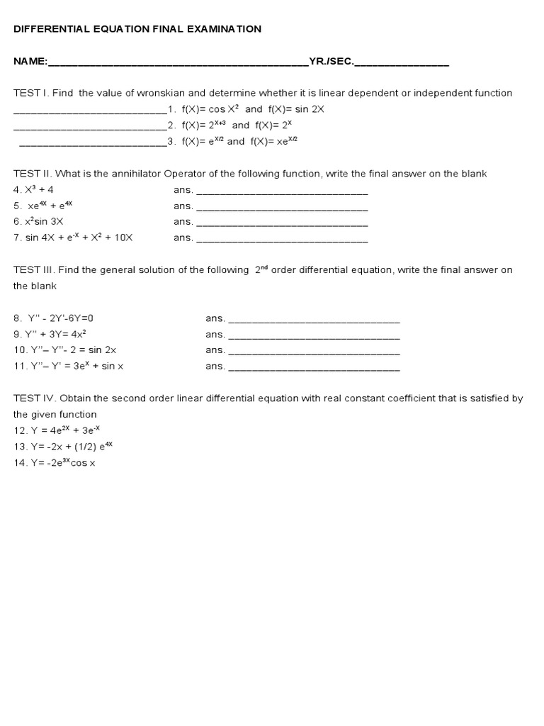 Difeferential Equation Final Exam | PDF