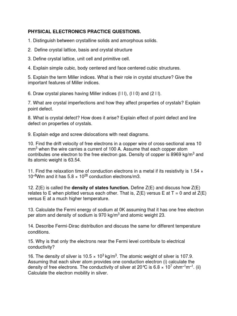 Physical Electronics PRACTICE QUESTIONS Sheet | PDF | Electrical ...
