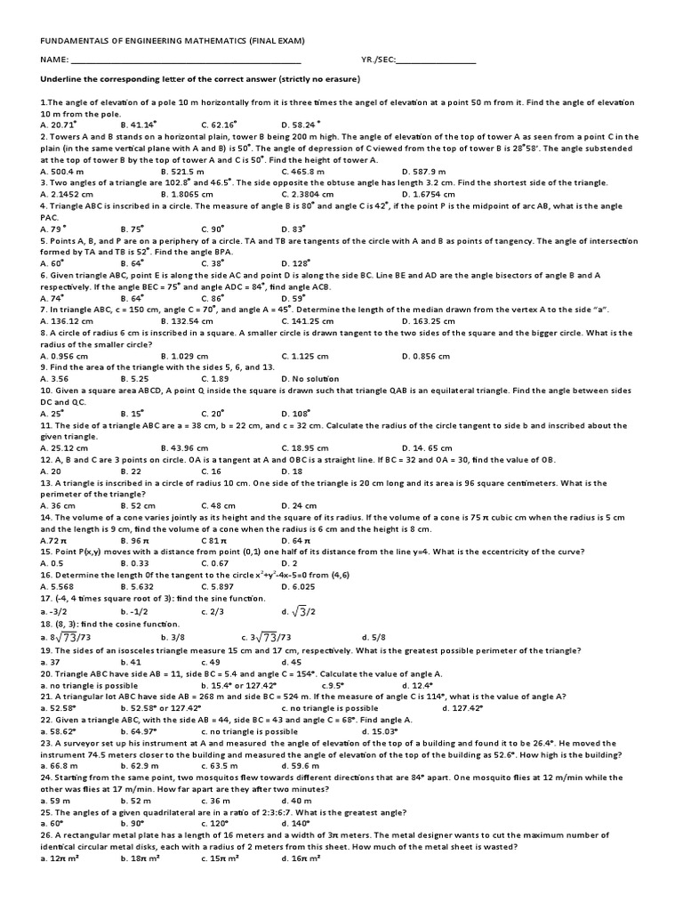 Fundamental of Engineering Mathematics Final Exam | PDF | Sphere | Triangle