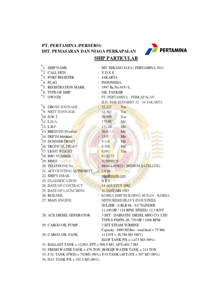 MT. Serang Jaya Oil Tanker Specs | PDF | Tonnage | Ships