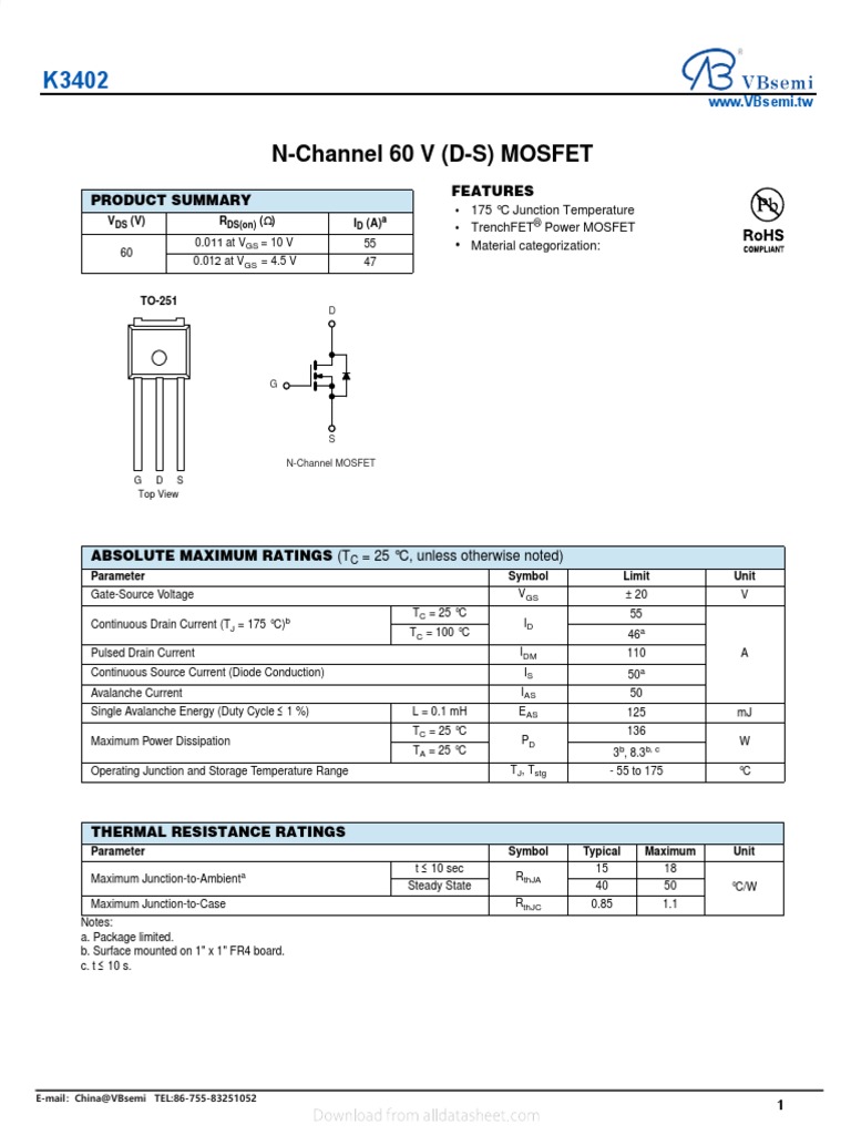 N-Channel 60 V (D-S) MOSFET: Features Product Summary | PDF | Field Effect Transistor ...