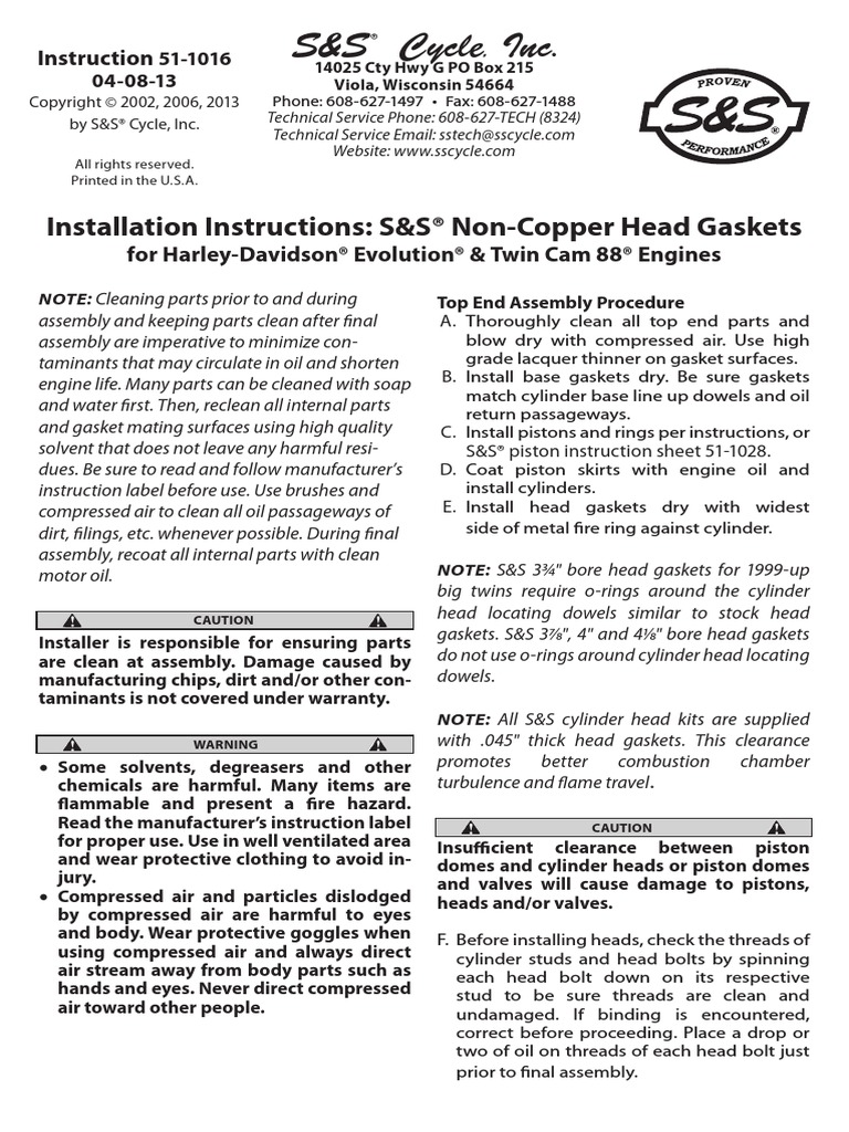 Installation Instructions: S&S® Non-Copper Head Gaskets: Instruction ...