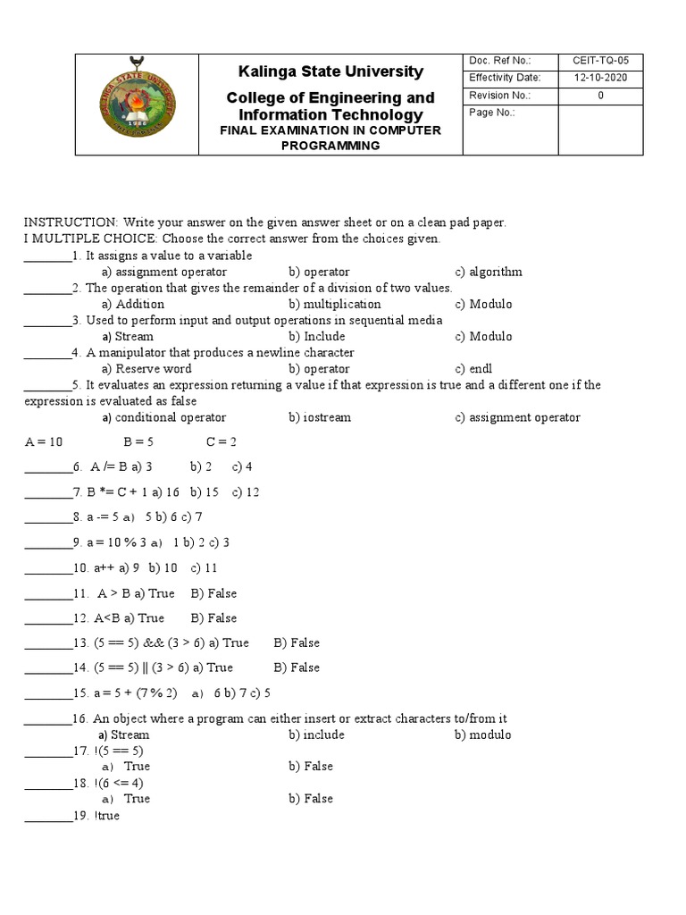 Computer Programming Exam Answer Keys | PDF | Computer Programming | Computing