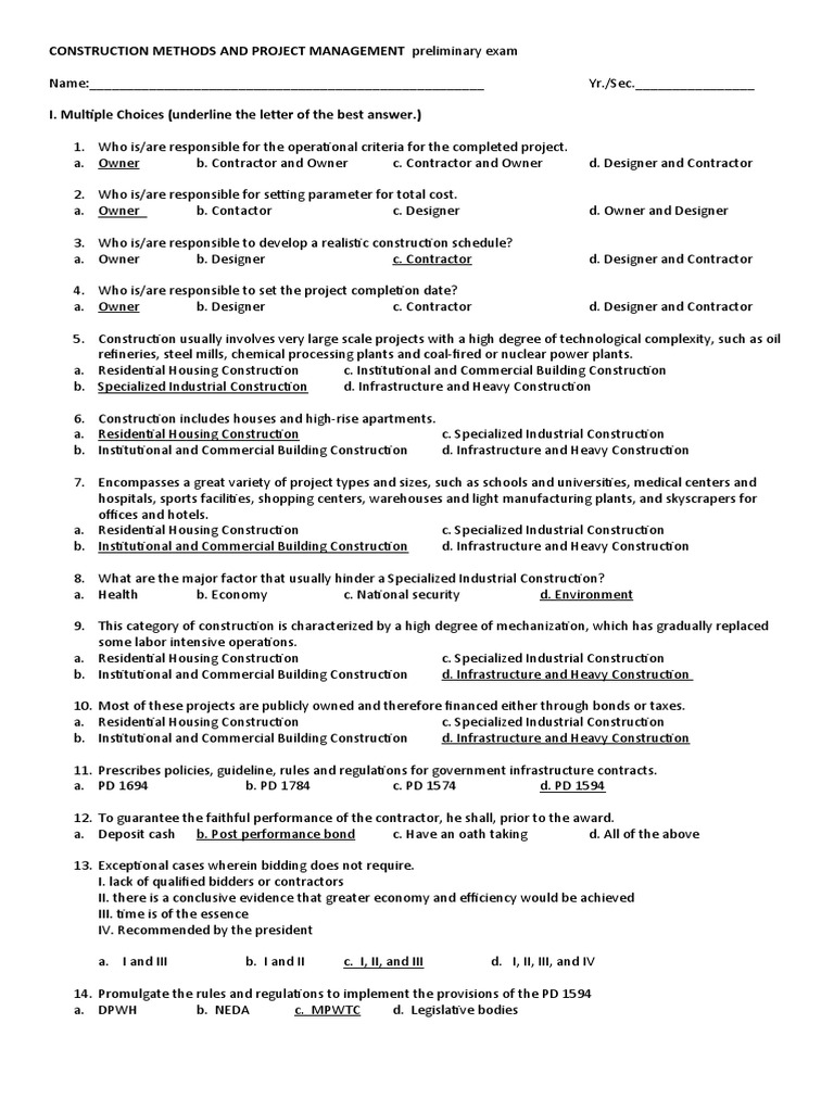 Construction Methods and Project Management Preliminary Exam | PDF ...