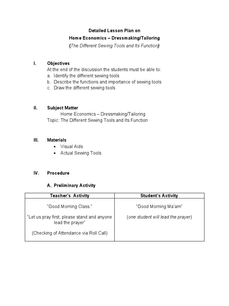 Detailed Lesson Plan On Dressmaking | Download Free PDF | Sewing ...