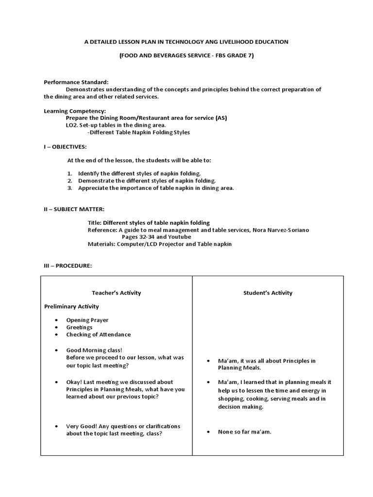 A Detailed Lesson Plan in Fbs | PDF | Restaurants | Lesson Plan