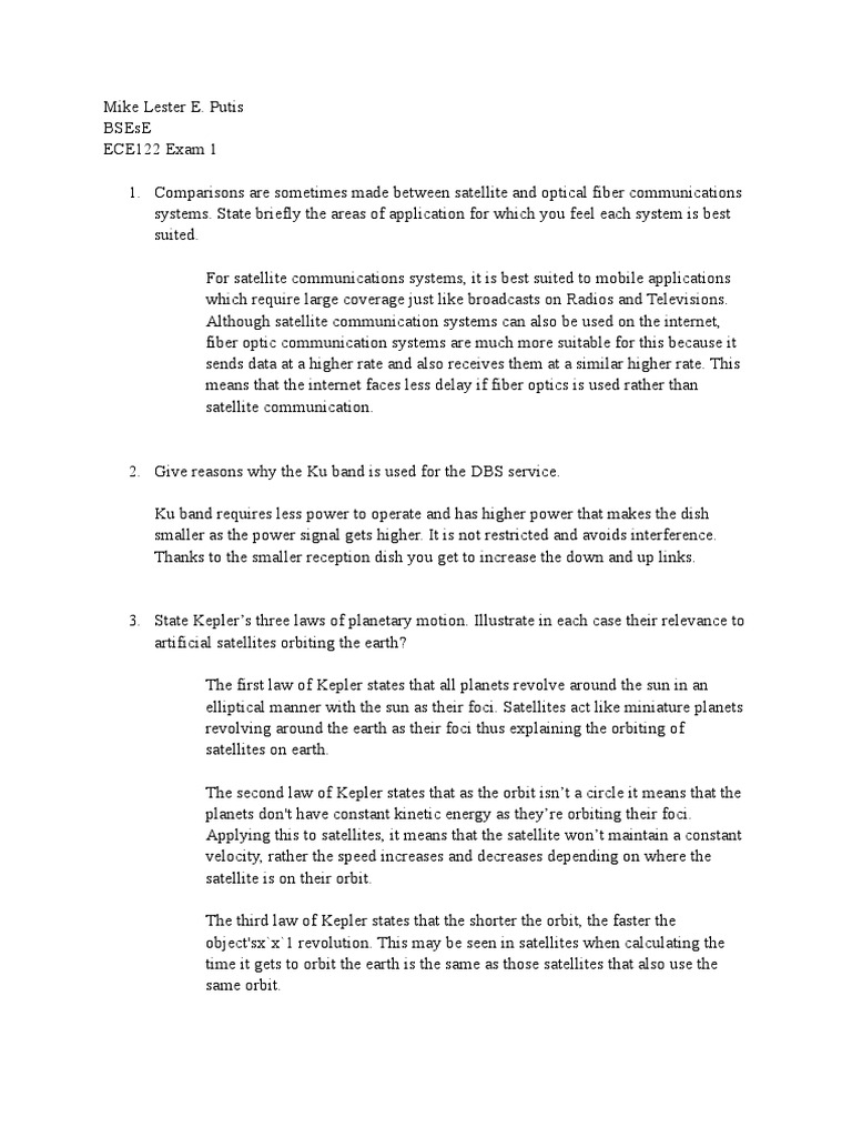 ECE122 - Exam | PDF | Communications Satellite | Orbit