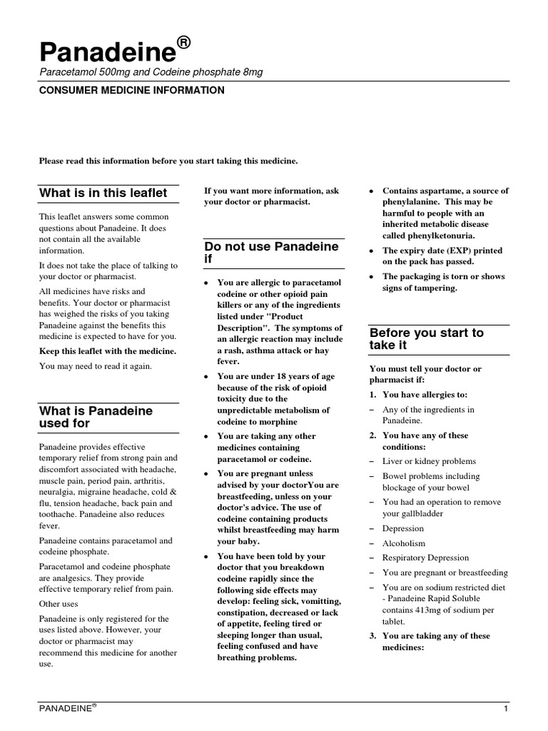 Panadeine: What Is in This Leaflet | Download Free PDF | Headache ...