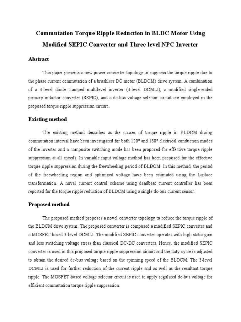Commutation Torque Ripple Reduction In Bldc Motor Using Modified Sepic Converter And Three Pdf
