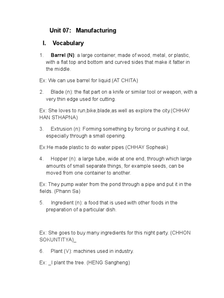 Unit 07: Manufacturing I. Vocabulary: Barrel (N) : A Large Container ...
