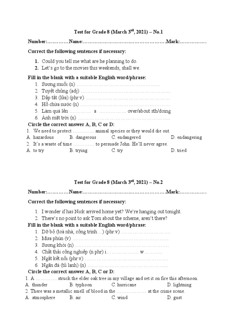 Test For Grade 8 (March 3, 2021) - No.1 Number: . Name: . .Mark | PDF