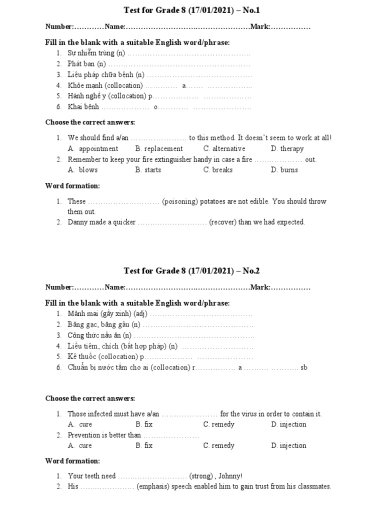 Test For Grade 8 (January 17th) | PDF | Teaching Methods & Materials