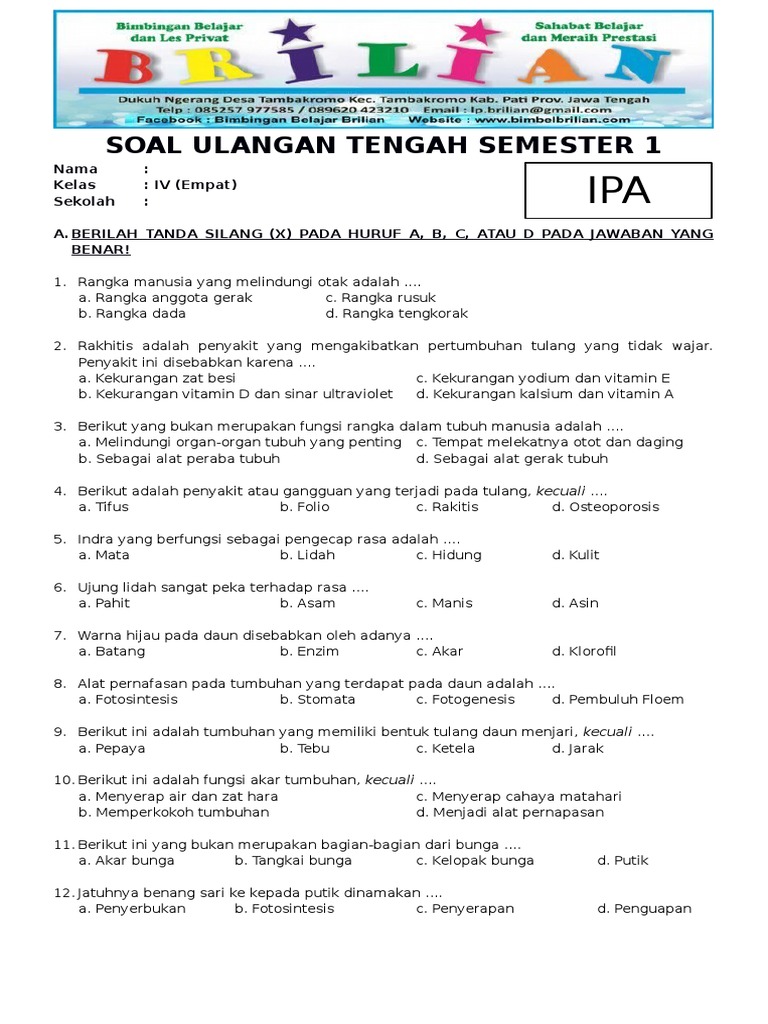 Soal UTS IPA Kelas 4 SD Semester 1 Dan Kunci Jawaban | PDF | Kajian Bahasa Asing | Griya & Taman